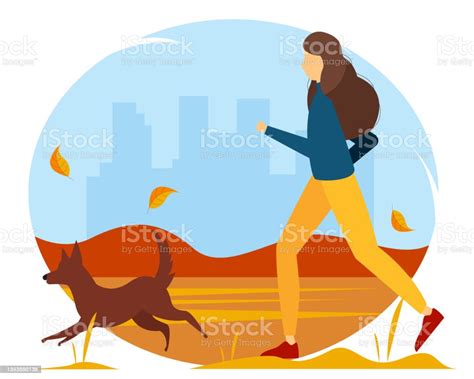 가을에 공원에서 개와 함께 달리는 여성 플랫 스타일로 귀여운 벡터 일러스트 가을에 대한 스톡 벡터 아트 및 기타 이미지 가을 개 개념 Istock