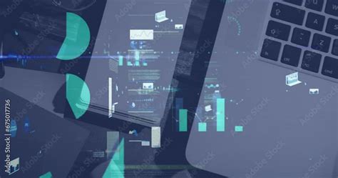 Animation Of Multiple Graphs And Computer Language Over Laptop And Notepad On Desk Stock Video