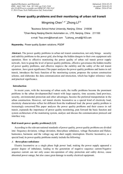 Power Quality Problems And Their Monitoring Of Urban Rail Transit Scientific Net