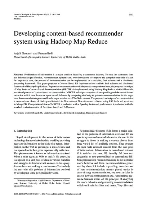 Pdf Developing Content Based Recommender System Using Hadoop Map Reduce