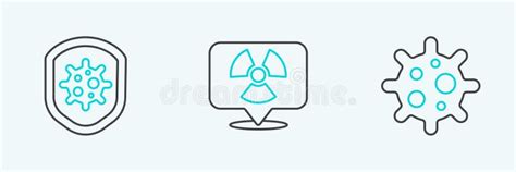 Set Line Virus Shield Protecting From Virus And Radioactive Location Icon Vector Stock