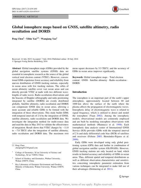 Global Ionosphere Maps Based On Gnss Satellite Altimetry Radio Occultation And Doris Request Pdf