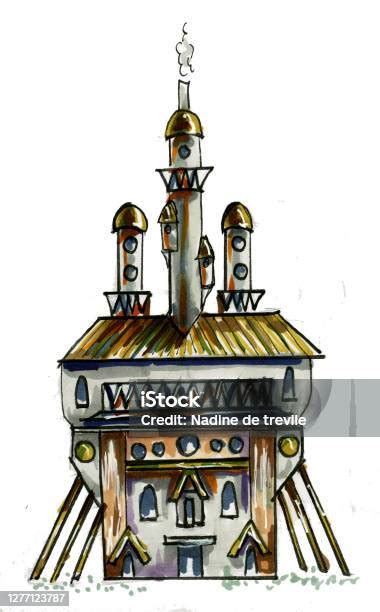 스팀펑크 아키텍처 스팀펑크에는 기계적인 요소 파이프 및 기어가 있습니다 손으로 그린 수채화 스케치 흰색 배경 위에 격리 환상적인 집 강에 대한 스톡 벡터 아트 및 기타