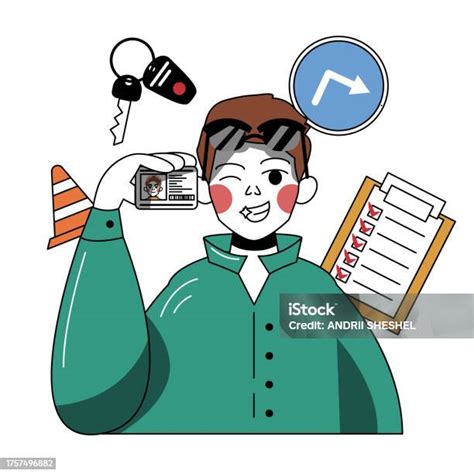 운전 면허증을 들고 행복 한 미소 짓고 있습니다 실기 운전 및 이론 시험 학습 및 합격 운전 배우기에 대한 스톡 벡터 아트 및 기타 이미지 운전 배우기 강사 검사