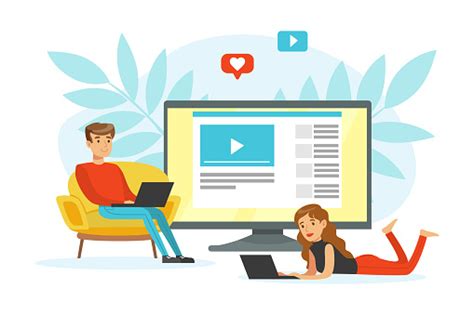 랩톱 컴퓨터 화상 회의 웨비나 온라인 미팅 컨셉 플랫 벡터 일러스트레이션을 사용하여 비디오를 시청하는 사람들 웹페이지에 대한 스톡 벡터 아트 및 기타 이미지 Istock