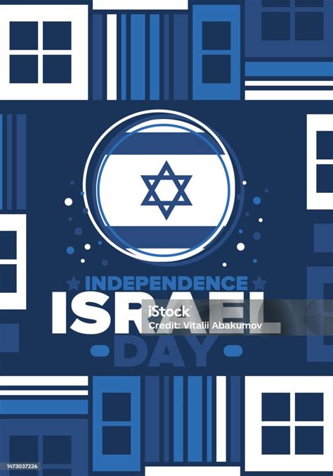 이스라엘 독립기념일 국경일 연례 경축 이스라엘 국기 다윗의 별 유대인의 상징 애국 적인 기호 및 요소 포스터 카드 배너 및 배경 벡터 일러스트레이션 0명에 대한 스톡 벡터