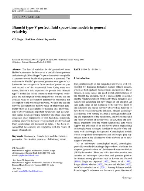Pdf Bianchi Type V Perfect Fluid Space Time Models In General Relativity