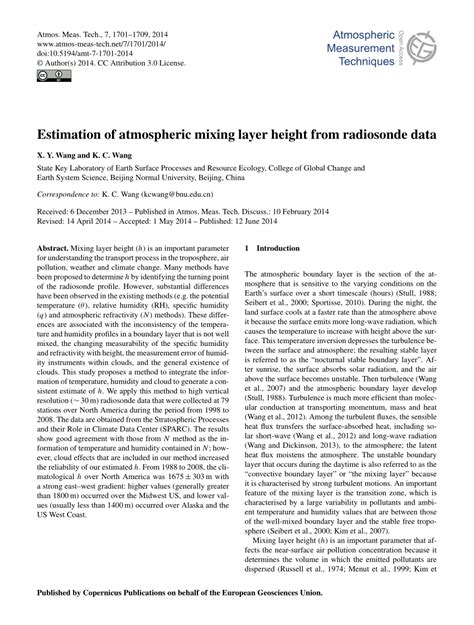 Pdf Estimation Of Atmospheric Mixing Layer Height From Radiosonde
