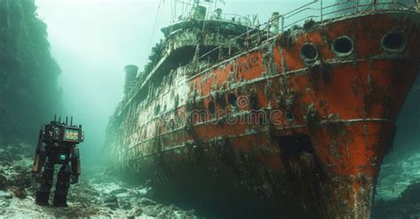 Exploration Of A Sunken Shipwreck By A Robotic Submarine In Deep Ocean Waters Generative Ai
