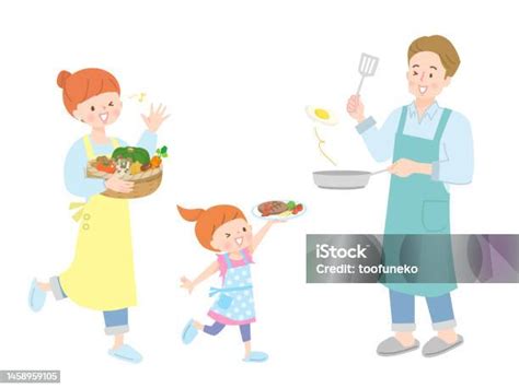 많은 야채로 요리하는 부모와 자식의 벡터 그림 3 명에 대한 스톡 벡터 아트 및 기타 이미지 3 명 가사 집안일 가정 주방 Istock