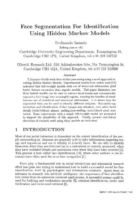 face segmentation for identification using hidden markov models