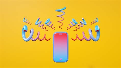 3d 렌더링은 밝은 노란색 배경에 다채로운 나선형 모양으로 둘러싸인 스마트폰을 중앙에 보여줍니다 유쾌한 블루 핑크 레드 팔레트는 현대적이고 추상적이며 기술에서 영감을 받은