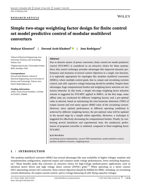 Simple Two‐stage Weighting Factor Design For Finite Control Set Model Predictive Control Of