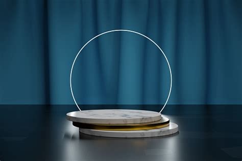 빈 플랫폼 모형과 간단한 기하학적 요소로 3d 모델링 장면 대리석과 골드 라운드 플레이트 제품 프리젠 테이션 및 밝은 파란색