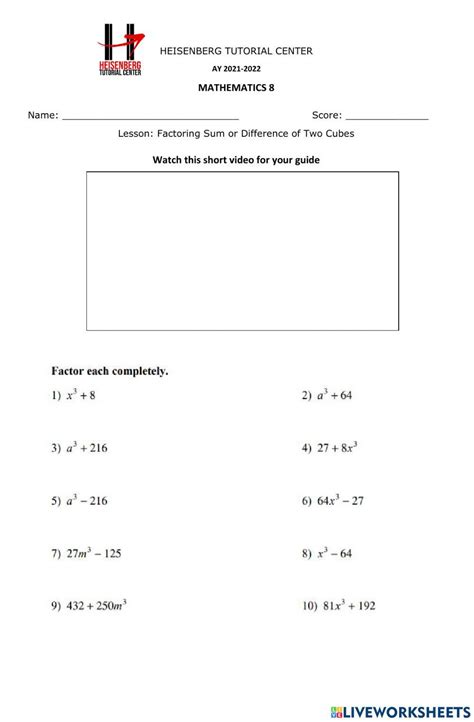 factoring sum and difference of cubes worksheet