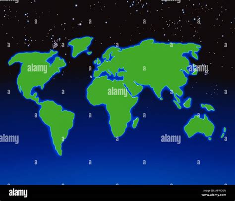 Artwork Outline World Map Of Planet Earths Land Masses Against Starry