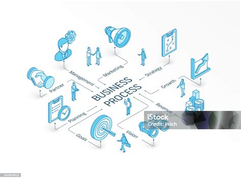 비즈니스 프로세스 등대 개념 연결된 라인 3d 아이콘입니다 통합 인포그래픽 설계 시스템 전략 모델 관리 시장 파트너 기호 등측