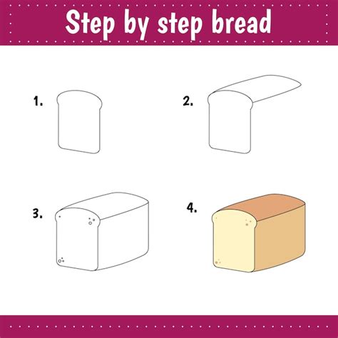 단계별로 아이들을 위한 그리기 튜토리얼 쉬운 수준 교육 시트 빵을 그리는 방법 프리미엄 벡터