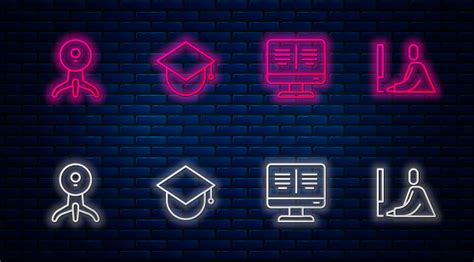 전 세계 온라인 도서 모니터 웹 카메라 및 학생 작업 노트북에 라인 졸업 모자를 설정합니다 벽돌 벽에 빛나는 네온 아이콘 벡터 Brand Name Online