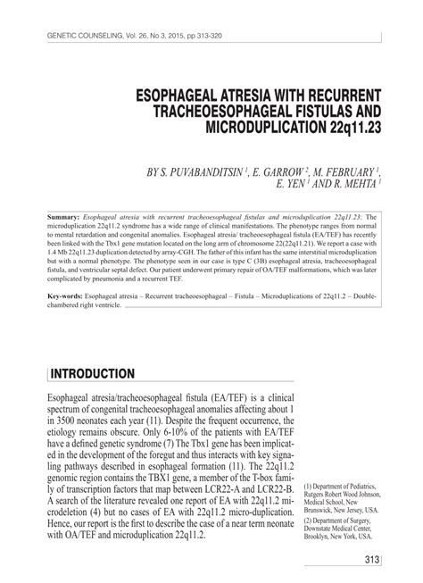 Pdf Esophageal Atresia With Recurrent Tracheoesophageal Fistulas And Microduplication 22q1123