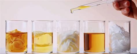 Set Of Beakers And Flasks Filled With Various Colored Liquids And Fabrics Showcasing Scientific