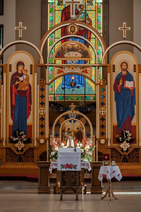 Stunning Interior Of An Orthodox Church With Vibrant Stained Glass And