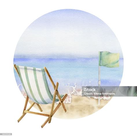 손으로 그린 수채화 구성 해변에 녹색 깃발과 줄무늬 의자가 있는 바다 풍경 흰색 배경에 격리되어 있습니다 벽 예술 결혼식 인쇄 직물 표지 카드 관광 여행 소책자 0명에 대한