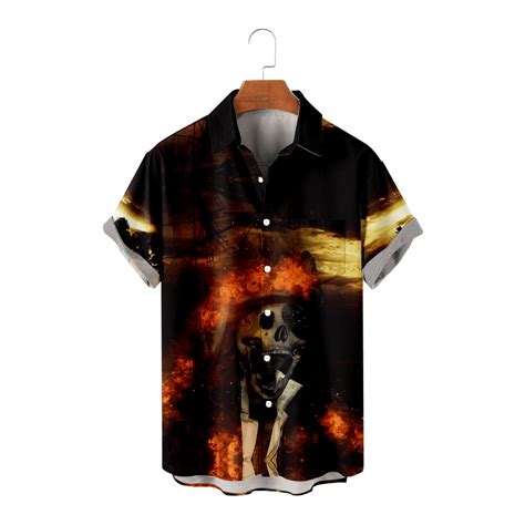 Mens Hawaiian Shirt Summer Casual Button Down Shirts Aloha Beach Shirt Skull Printed Halloween