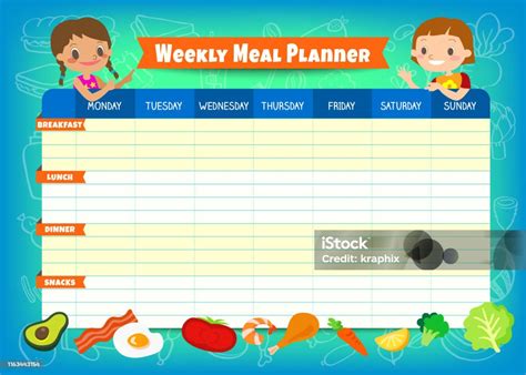 귀여운 아이 만화 캐릭터와 주간 식사 플래너 학교에서 아이를위한 식사 시간표 어린이 주간 식사 일정 디자인 템플릿 벡터 그림
