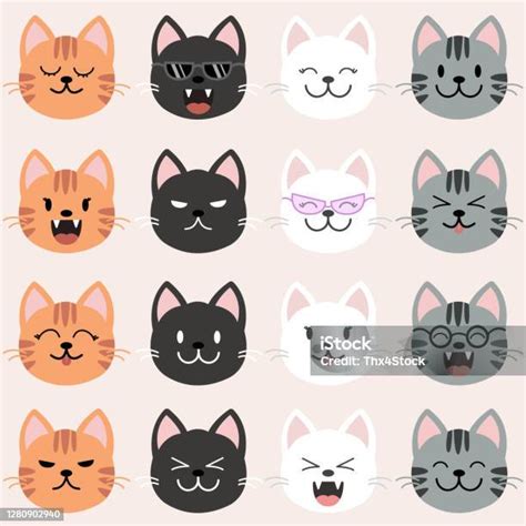 재미있는 만화 고양이의 벡터 그림 고양이의 컬렉션은 이모티콘을 머리 크림 배경에 고양이의 벡터 실루엣 고양이 새끼에 대한 스톡 벡터 아트 및 기타 이미지 Istock
