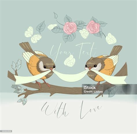 빈티지 꽃과 새 커플 귀여운 카드입니다 아름 다운 생일 인사말 원형 배너입니다 벡터 파티 초대장 만화 일러스트 레이 션 새에 대한 스톡 벡터 아트 및 기타 이미지 Istock