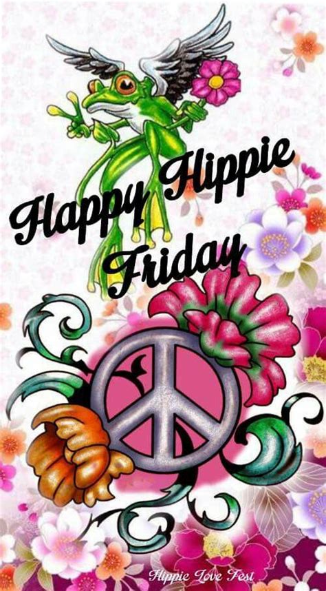 Happy Hippie Friday Card With Flowers And Peace Sign