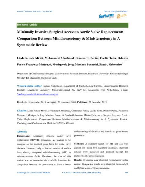 Pdf Minimally Invasive Surgical Access To Aortic Valve Replacement Comparison Between