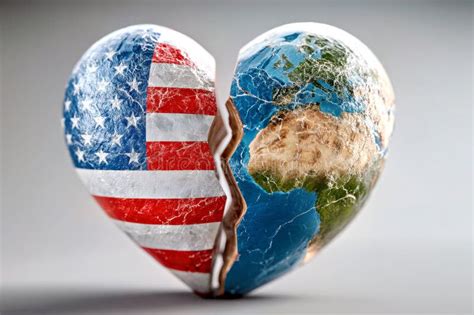 two parts of broken heart with us flag and world map symbolizing