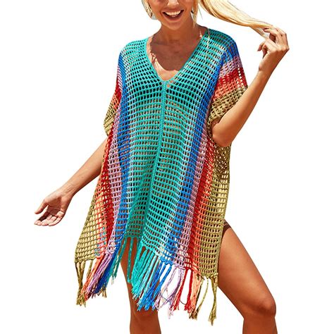 Casual Swimwear For Women Rainbow Colored Hollowed Out Beach Smock