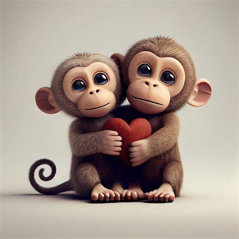 Lindo Mono O Pareja De Simios Enamorados De Corazones 3d Render Ilustración De Dibujos Animados