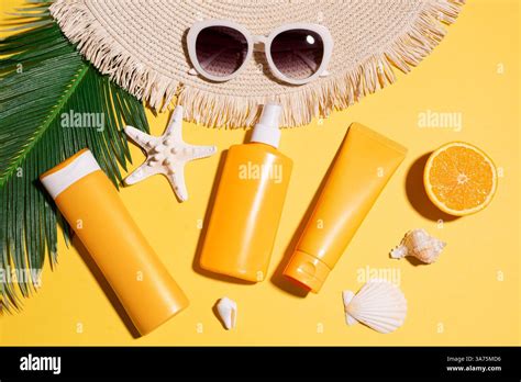 Summer Vacation Uv Ultraviolet Protection Concept Orange Sunblock Products Sunglasses Straw