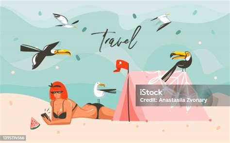 손으로 그린 오션 비치 풍경 소녀 열 대 조류 텐트와 여행 활판 인쇄 텍스트와 벡터 추상 만화 여름 시간 그래픽 일러스트 아트 템플릿 배경 개념에 대한 스톡 벡터 아트 및