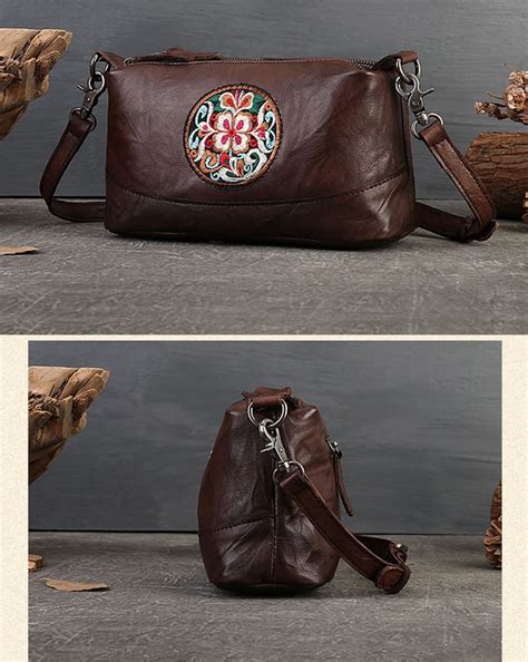 Umhängetasche Vintage Look Damen Aus Leder Mit Stickerei