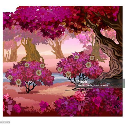 요정 핑크 나무와 숲입니다 환상의 자연입니다 벡터 일러스트 레이 션 0명에 대한 스톡 벡터 아트 및 기타 이미지 0명 강
