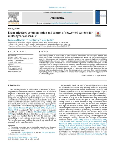 Event Triggered Communication And Control Of Networked Systems For Multi Agent Consensus Pdf