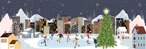 새해에 야외 활동을 즐기는 사람들과 함께 밤에 겨울 풍경 사람들 축하와 크리스마스 휴일에 벡터 도시 풍경 아이스 스케이트를 치는 아이 도시에 대한 스톡 벡터 아트 및 기타
