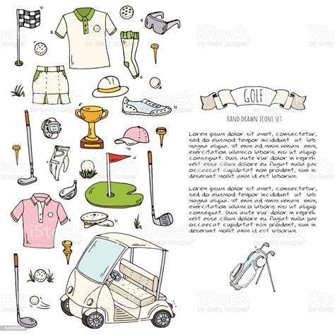 손으로 그린 낙서 골프 아이콘 세트입니다 벡터 일러스트입니다 게임 컬렉션입니다 다양 한 골프 만화 스케치 요소 클럽 티 가방 카트 스포츠 옷 신발 폴로 셔츠 우산 깃발 구멍