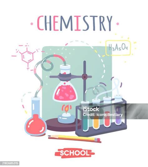 화학 학교 과목 장비 플라스크 튜브의 물질을 사용한 교육용 화학 실험 과학 학습 수업 연구 지식 실험실 교육 개념 평면 벡터 일러스트 레이 션 0명에 대한 스톡 벡터 아트