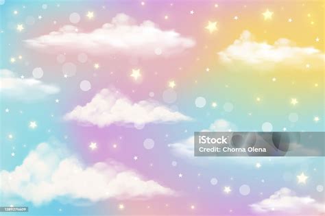 구름과 별 홀로그램 판타지 무지개 유니콘 배경 파스텔 색상 하늘 마법의 풍경 추상적 인 멋진 패턴 귀여운 사탕 벽지 벡터 배경