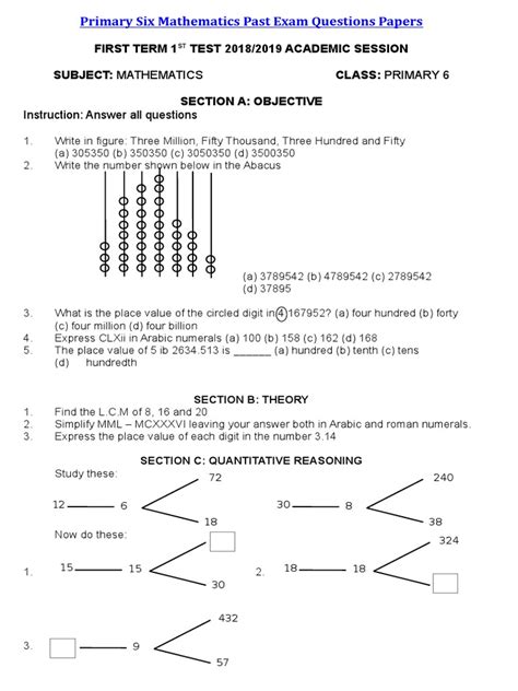 Primary Six Mathematics Past Exam Questions Papers