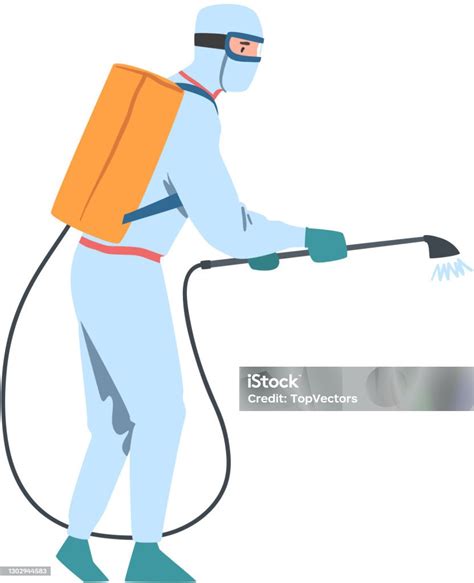 코로나바이러스 예방 개념 바이러스 보호복을 입은 소독제 작업자가 박테리아및 바이러스 만화 스타일 벡터 일러스트레이션에서 공공 장소를 소독합니다 0명에 대한 스톡 벡터 아트