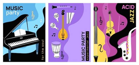 음악 악기 카드 라이브 공연 콘서트 클럽 파티 포스터 어쿠스틱 오케스트라 피아노 음악 색소폰과 로 재즈 밴드 이벤트 Garish 터 초대 배너 디자인 세트 프리미엄 벡터