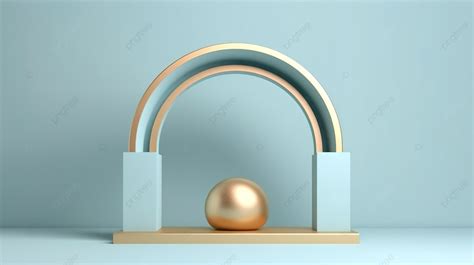 고급스러운 파스텔 블루 마감과 밝은 배경에 금색 아치선이 있는 미니멀리즘 3d 디스플레이 스탠드 황금 연단 최소한의 장면