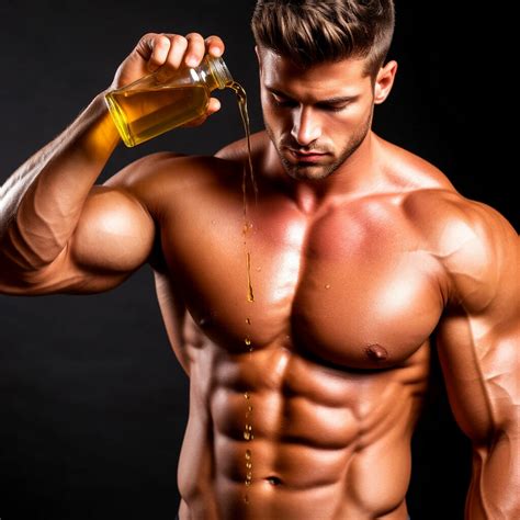 A Curvy Looking Muscular Man Pours Oil From A Bottle On Himself